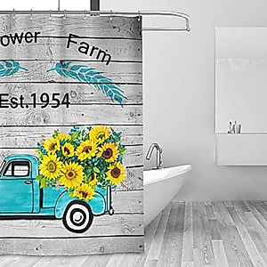 Dexsawoi 4pcs Rustic Sunflower Truck Shower Curtain Set with Non-Slip Sunflower Carpet, Toilet lid, and Bath mat. Bathroom Curtain with 12 Hooks 72 x 72 inches