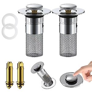 2 Piece Bathroom Sink Drain Filter, Bathroom Sink Sewer Filter, Pop-Up Sink Plug, Stainless Steel Filter Basket Hair Collector for Bathroom Sink Plug Replacement