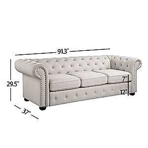 Corvus Aleksis Tufted Chesterfield 3-Seater Sofa with Rolled Arms Dark Grey Wood, Fabric Nailheads, Removable Cushions