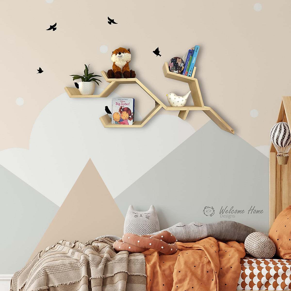 W/H Tree Branch Shelf, 18 x 48 x 7 inch, Solid Pine Wooden Shelf, Tree Bookshelf, Farmhouse Style Shelf, Nursery Shelf, Bedroom Shelf, Tree Shelf, Kids Room Shelf