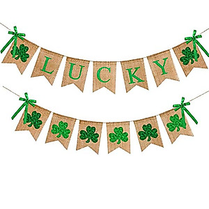 St. Patrick's Day Decorations Burlap Lucky Banner Glitter Shamrock Banner Green Clover Lucky Irish Party Banner for St. Patrick's Day Party, Green Theme Party, Spring Holiday Party Supplies
