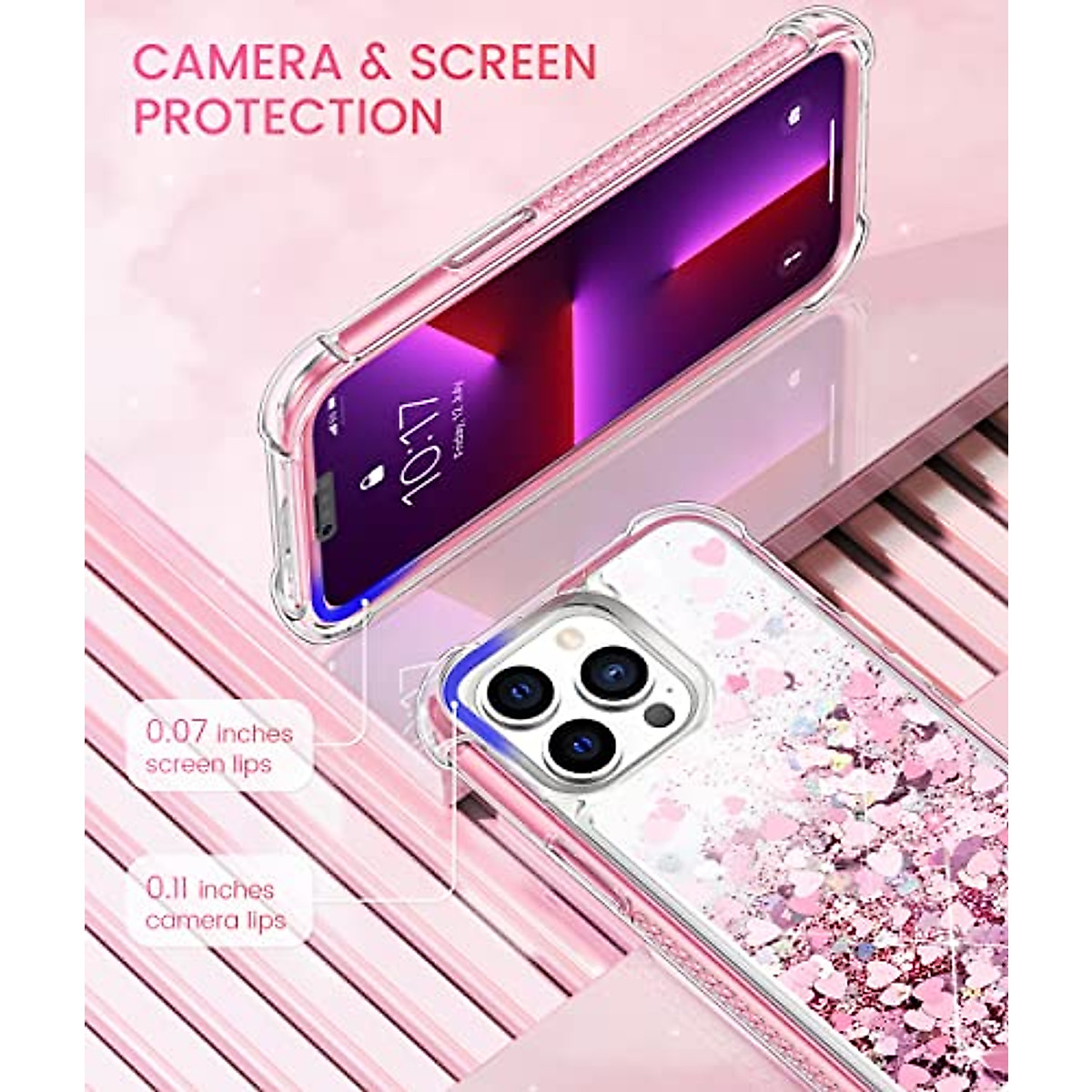 Caka for iPhone 13 Pro Max Case Glitter Women Girls with Built-in Screen Protector Bling Sparkle Liquid Quicksand Full Body Protective Case for iPhone 13 Pro Max 6.7 (Rose Gold)