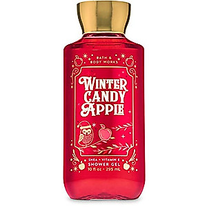 Bath and Body Work Winter Candy Apple Candle Gift Set, 3 Wick and Single Wick Candles, Full Size Body lotion, Shower Gel with Gingham Gift Bag and Tissue