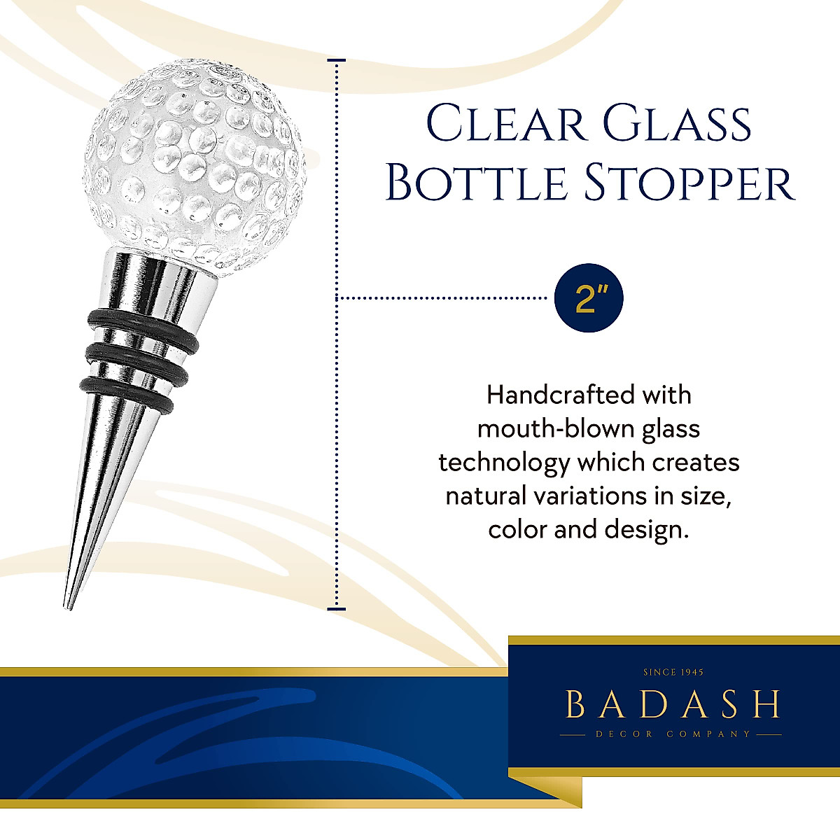 Badash Golf Ball Wine Bottle Stopper - 2" Long Mouth-Blown Lead-Free Clear Glass Stopper - Sparkling Wine Bottle Stopper for Liquor or Wine Glass Bottles
