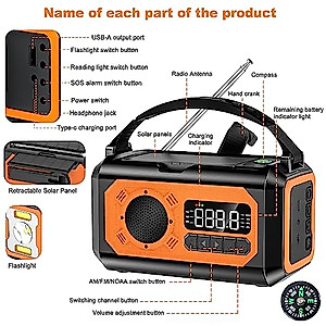 12000mAh Emergency Radio, Hand Crank Radio, Portable Solar Radio AM/FM/NOAA Weather Radio with 2 Solar Panels,3 Charging Methods,SOS Alarm,Flashlight,Phone Charger,Compass,Reading Lamp (Orange)