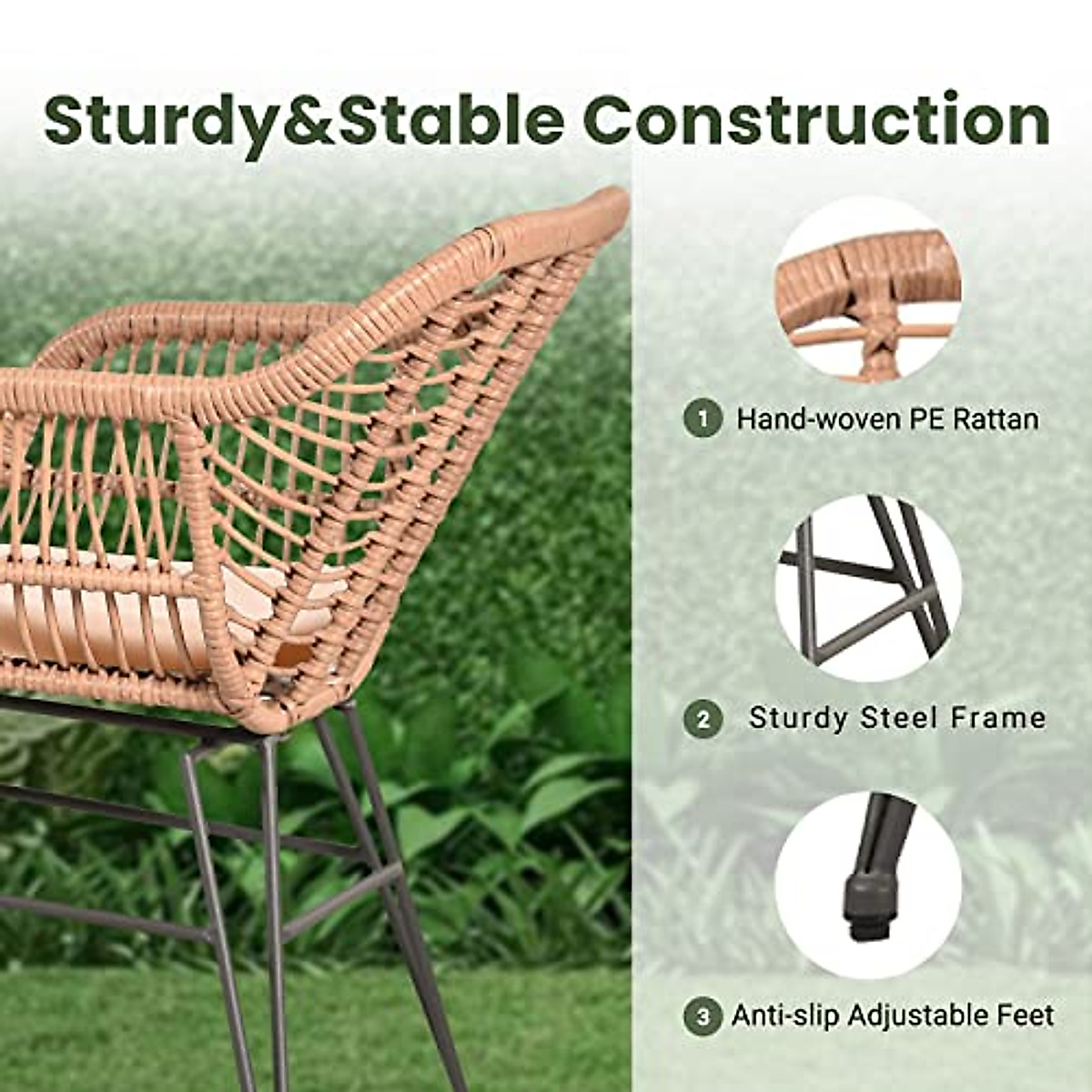 Leasbar 3 Piece Patio Conversation Bistro Set Porch Furniture Rattan Wicker Chairs，Outdoor Modern Garden Furniture Set for Porch Backyard Pool