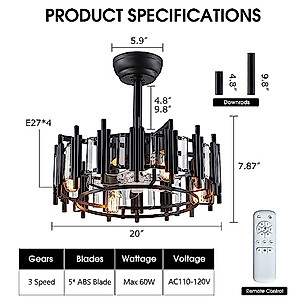 LODADRA Caged Ceiling Fan with Light, bladeless 6 Speed Reversible with Remote Control.Low Profile Ceiling Fan with Lights for Bedroom, Dining Room