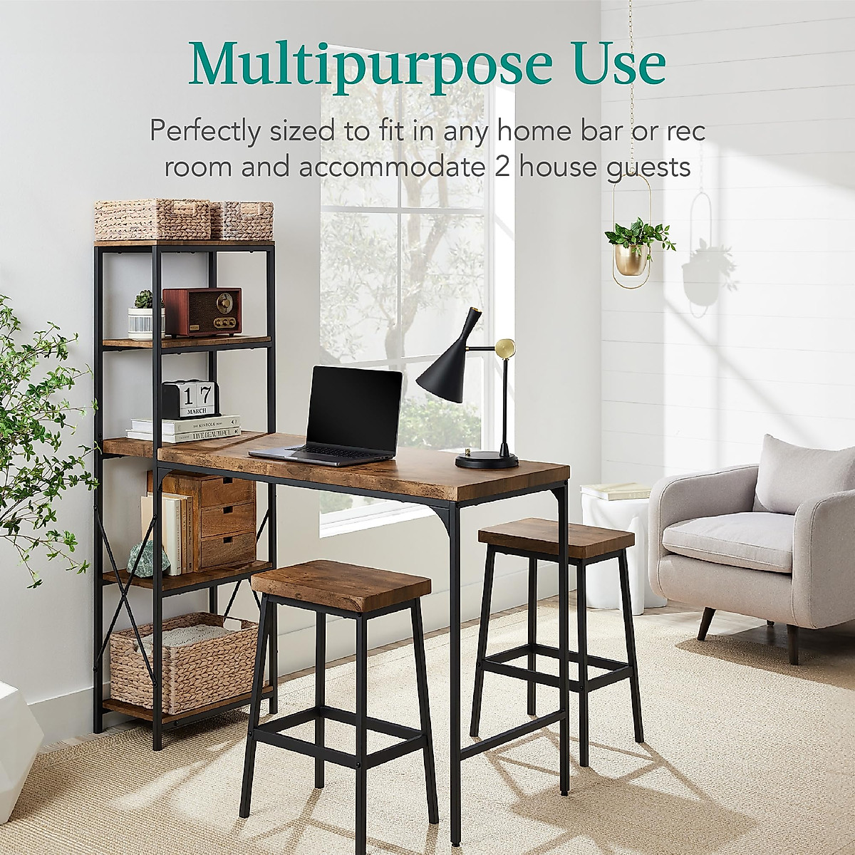 Best Choice Products 3-Piece Counter Height Dining Set, Desk, Bar, Kitchen Island Table w/ 2 Stools, Wine Rack & Storage Shelves - Brown