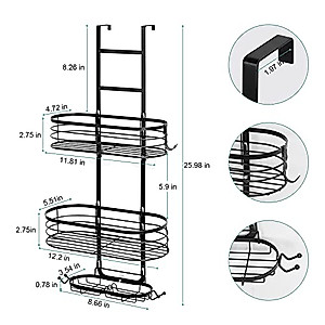Fogein Over the Door Shower Caddy, 3 Tier Hanging Organizer Shelf Rustproof, Shower Basket with Suction Cup, Bathroom Shower Caddy Over The Door with Hook & Soap Box, No Drilling(Black)