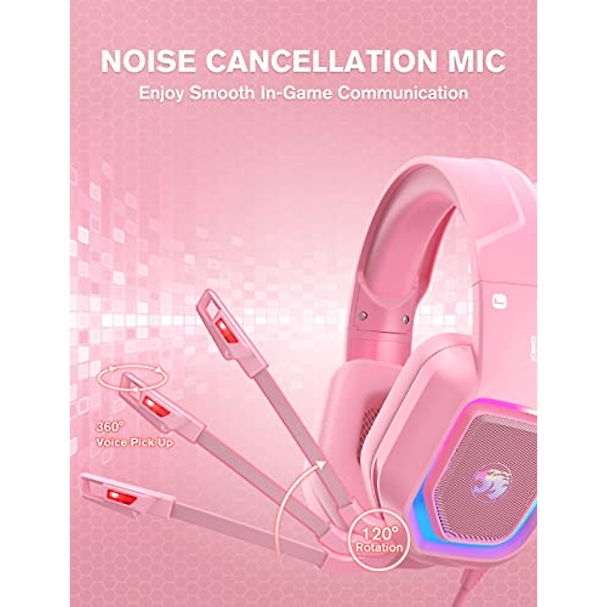 ZIUMIER Z30 Pink Gaming Headset for PS4, PS5, Xbox One, PC, Wired Over-Ear Headphone with Noise Canceling Microphone, LED Flowing RGB Light, 7.1 Surround Sound,Comfortable Earmuffs