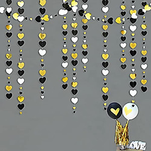 52Ft Black Gold White Love Heart Garland Hanging Paper Streamer Banner for Anniversary Bachelorette Engagement Wedding Bridal Baby Shower Birthday Mothers Day Valentines Day Party Decorations Supplies