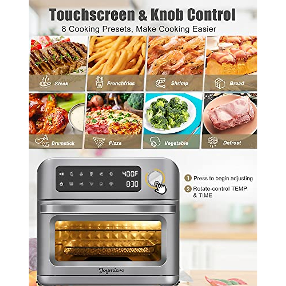 Joymicre Air Fryer Toaster Oven, 1700w High Power AirFryer Dehydrator Combo with Touchscreen Convection Countertop Oven, Dishwasher Safe Accessories, XL 12QT, 8 Cooking Presets, Bake, Broil, Defrost, Reheat, Roast All-in-one, Grey