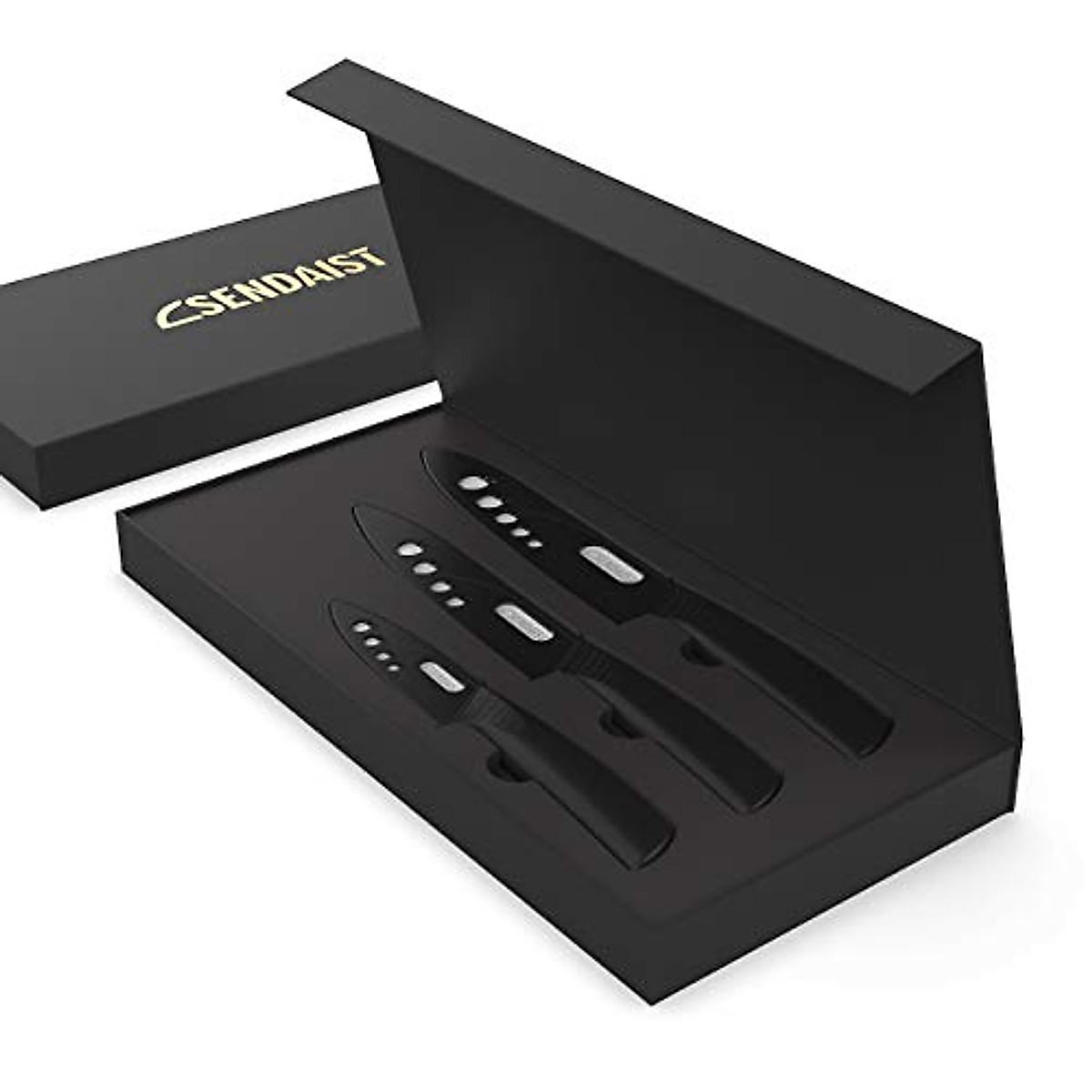 SENDAIST Set of 3 Sharp Ceramic Kitchen Knives With Anti-slip handle & sheath – 6” Chef Knife, 5” Utility Knife and 3'' Fruit Knife