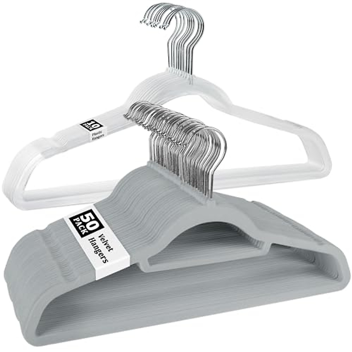Velvet Hangers 50 Pack with 10 Bonus Clear Clothes Hanger, 17.6" Felt Hangers for Coats, Dresses, Shirts,Sweater, Gray - Family Choice Awards Winner