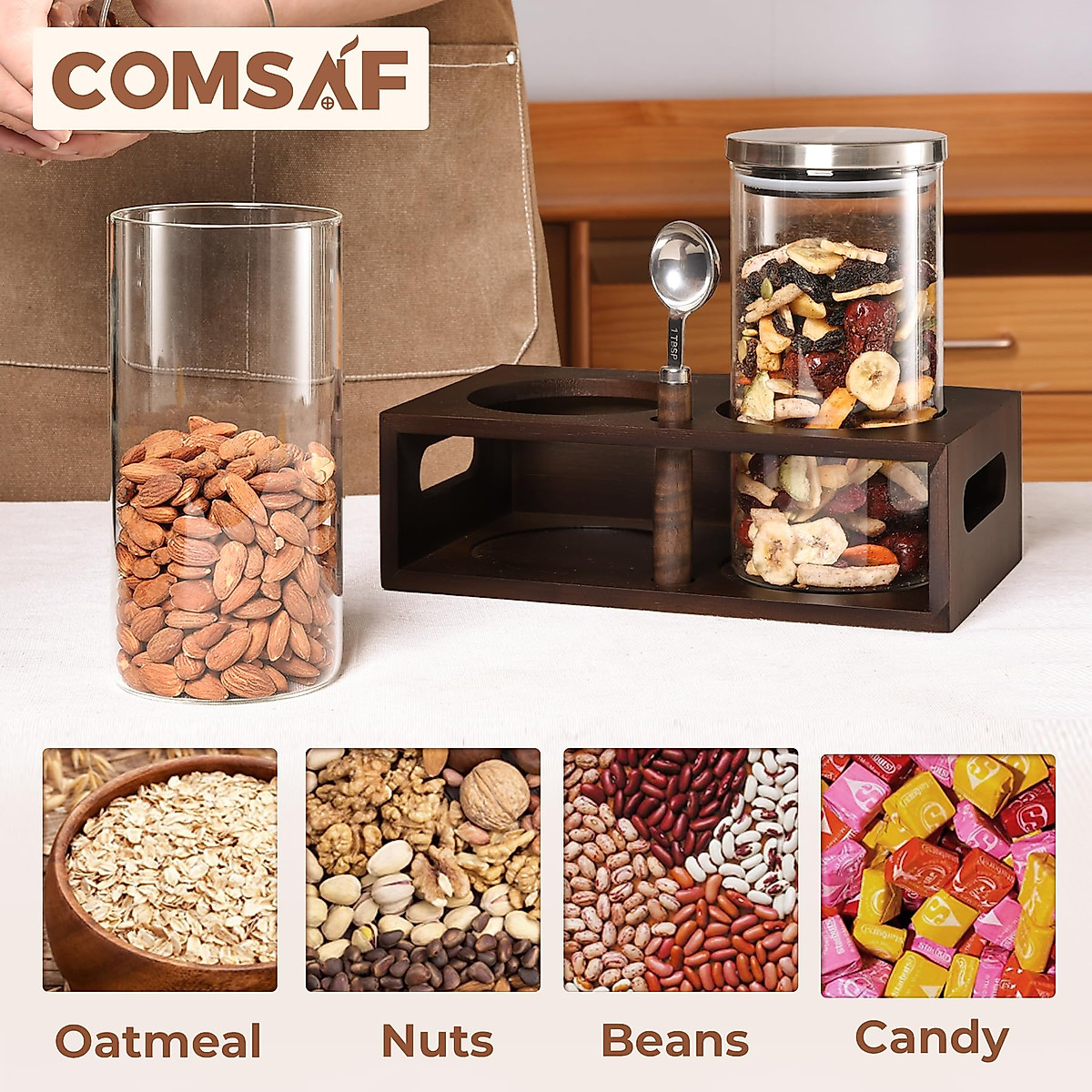 ComSaf Coffee Container for Ground Coffee, 44 OZ Coffee Canister with Stainless Lids, 2 PCS Glass Coffee Storage Container with Shelf, Coffee Bean Storage Jars with Metal Scoop Coffee Bar Accessories