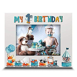 BELLA BUSTA-My 1st Birthday-Baby Boy, Baby Girl First Birthday-UV Print Gloss White Picture Frame (Boy, 5x7 Horizontal)
