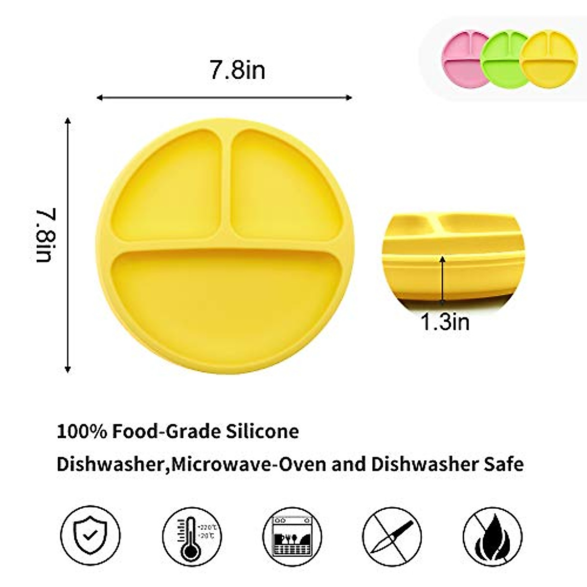 Wee me Suction Plates for Babies & Toddlers - Silicone Plates with Lids and Spoon Fork For Baby, Dishwasher and Microwave Oven Safe, 3 Pack (Green, Pink & Yellow)