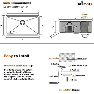 APPASO 28-Inch Single Bowl Kitchen Sink Undermount, 16-Gauge Stainless Steel 10-Inch Deep Commercial Handmade Kitchen Sink, Undermount Kitchen Sink 28 inch, HS2818