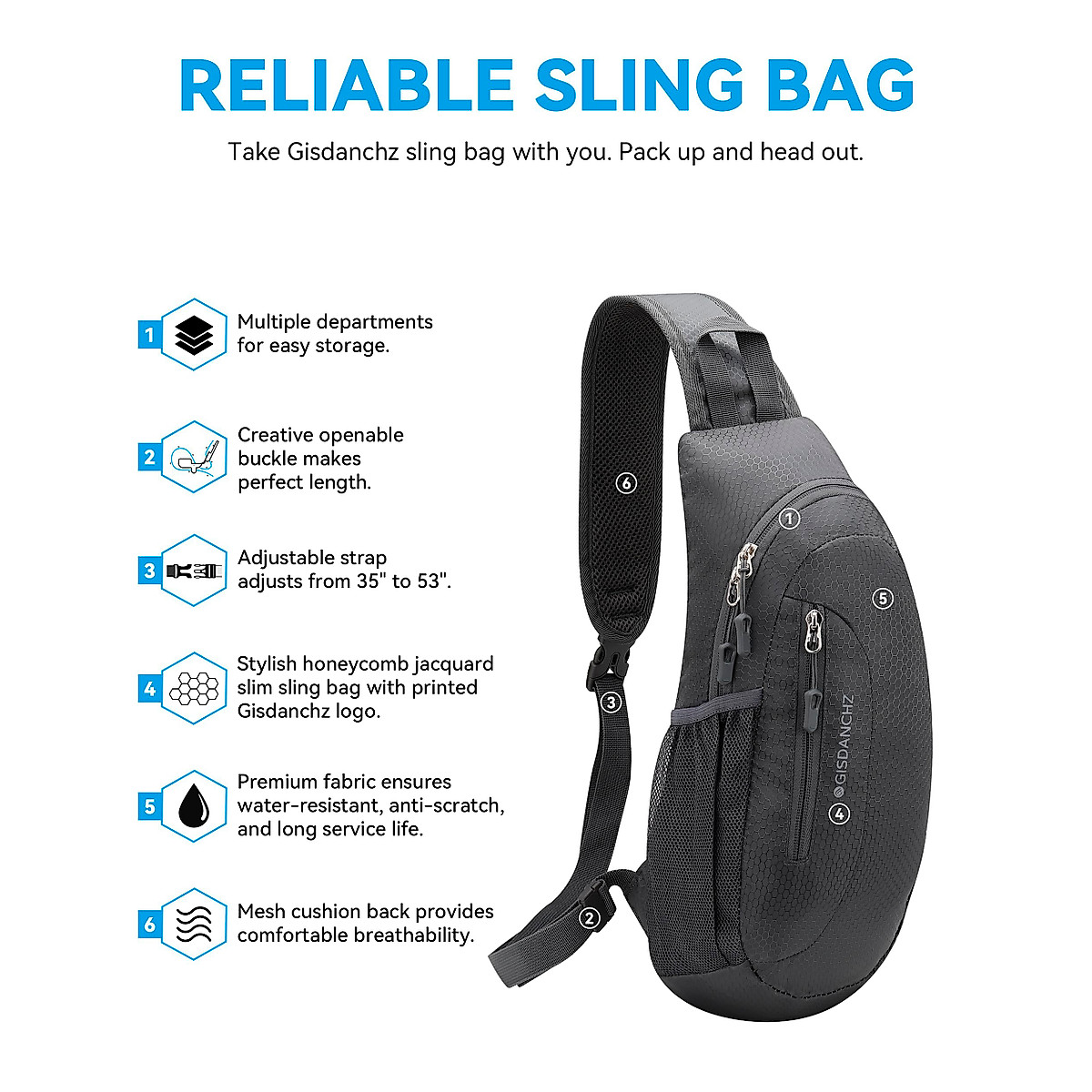 Gisdanchz Sling Bag for Men Women Sling Backpack Small Slim Sling Bags Cross Body Bag for Women Men Crossbody Shoulder Chest Bag Travel Hiking Daypack Sling Bag with Water Bottle Holder, Dark Gray