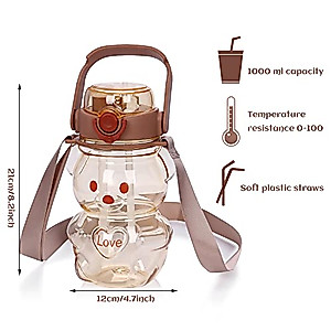 Kawaii Bear Straw Water Bottles Love Large Water Cups Strap for Kids Girls Gifts School Sports Daily Life Milk Tea Juice Travel Drinking Bottled Water Cute Portable Leakproof (Brown)