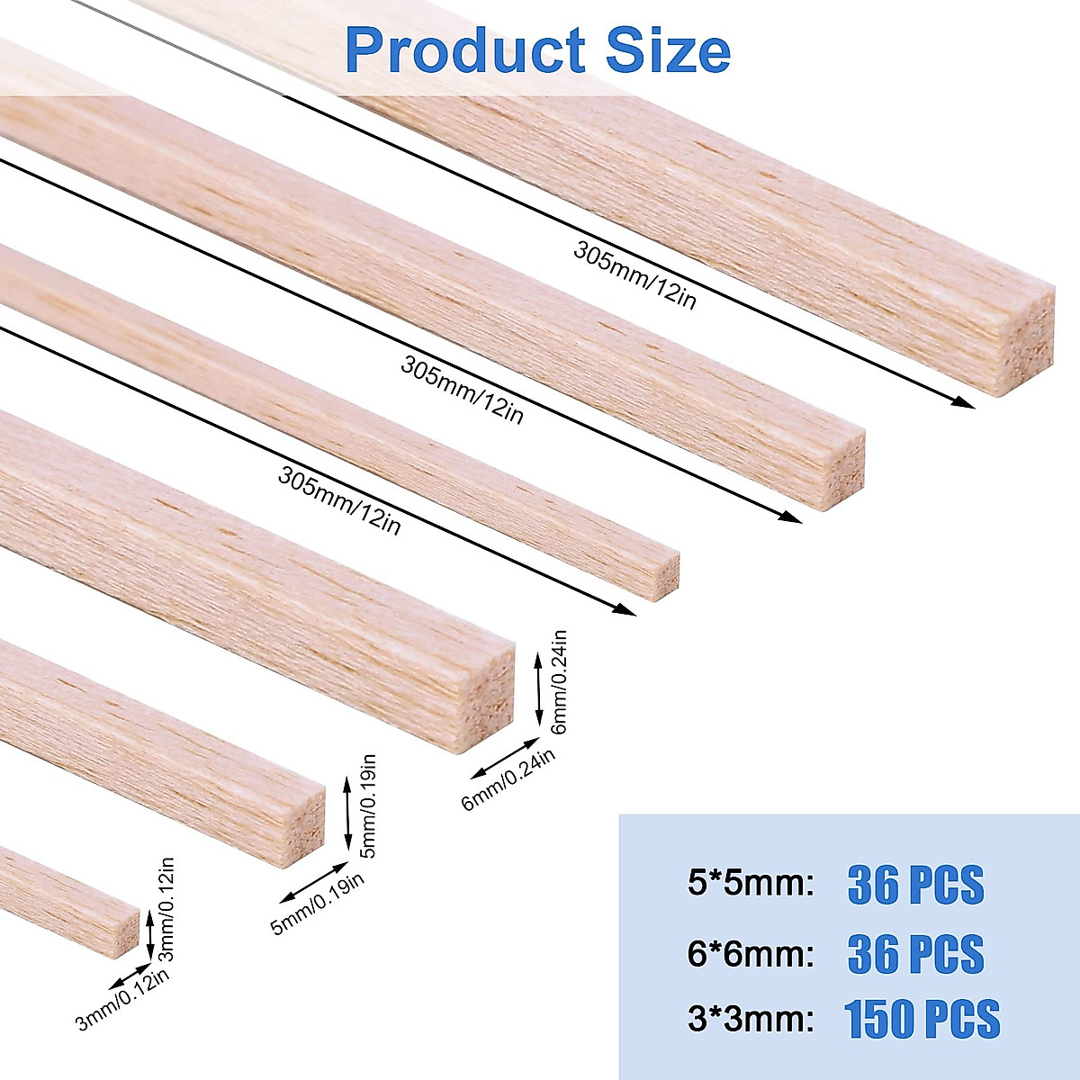 222 Pieces Wood Strips Balsa Square Wooden Dowels 1/8 Inch, 3/16 Inch, 1/4 Inch, Square Dowel Rods 12 Inch Hardwood Unfinished Wood Sticks for Crafts DIY Projects Models Making Supplies