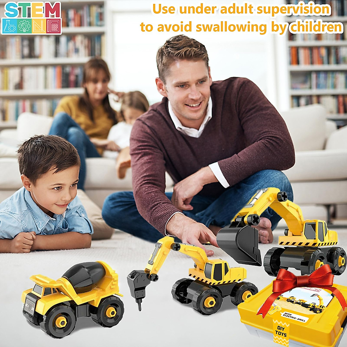 TEUVO Construction Take Apart Toys with Electric Drill, Building Excavator Toy STEM Trucks Vehicle Construction Vehicles for Kids, Educational Learning Gifts for Ages 3+ Boys & Girls