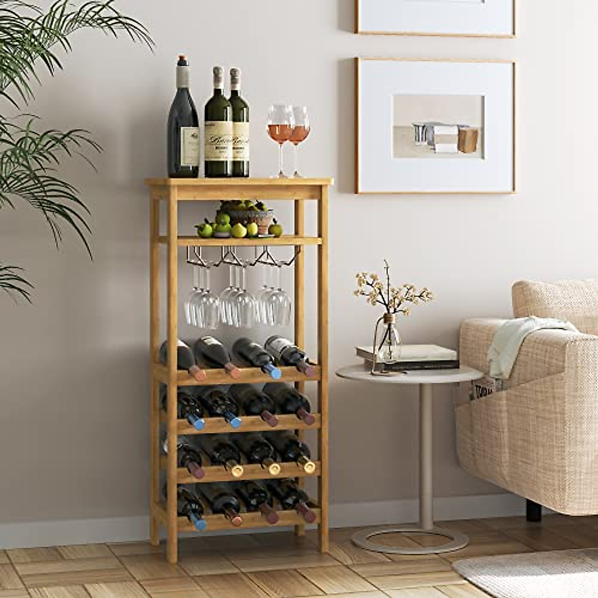 FOTOSOK Bamboo Floor Wine Rack, Freestanding Wine Bottle Organizer Shelves with Glass Holder Rack,16 Bottles, Wobble-Free Wine Display Storage Stand with Table Top for Kitchen Bar Dining Room, Natural
