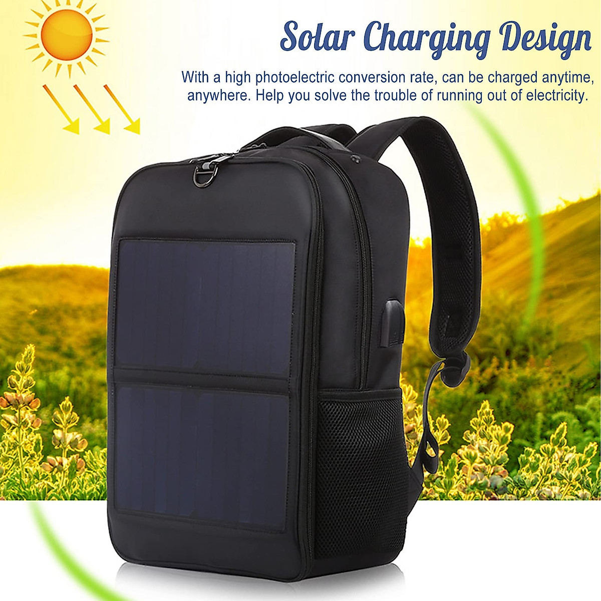 Yoidesu 14W Solar Backpack, Waterproof Solar Panel Power Backpack with Handle and USB Charging Port, Ergonomic Multifunction Laptop Bag Hiking Backpack for Running, Biking, Festivals, Travel