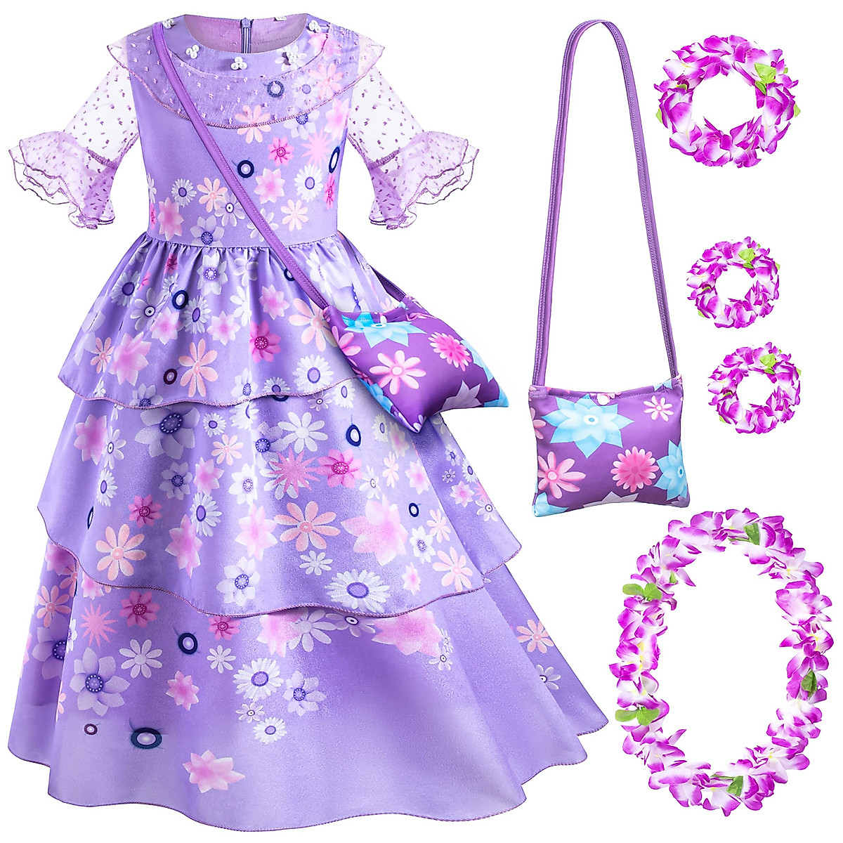 Kaisebile Princess Costume Dress for Girls Birthday Halloween Party Dress Up with Bag,Leis Necklace Headband 5-6 Years