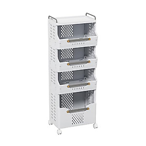 Multifunctional Storage Cart, Large Capacity Kitchen Cart, 4-Layer Rolling Storage Cart with Wheels, Mobile Cart with Push Rod and Basket, Suitable for Living Room, Bedroom, Bathroom, Laundry Room