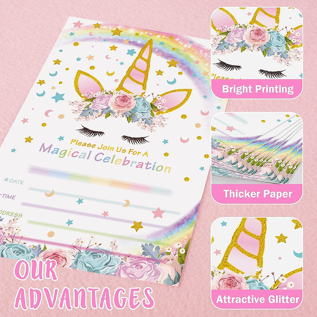 AMZTM Magical Unicorn Party Invitations with Envelopes for Kids Birthday Baby Shower Unicorn Party Supplies 20 Pieces of Fill-in Blank Invitation Card Kit