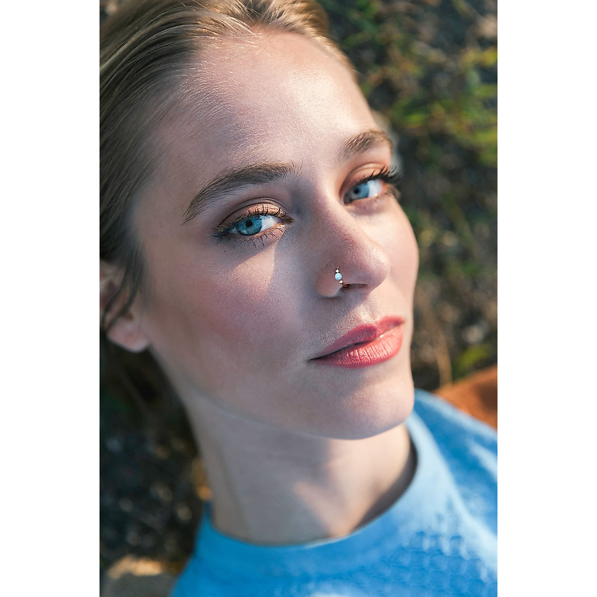 LAOPAZ 14k Gold Filled Nose Hoop with White Opal - 20 Gauge Nose Ring for Women and Men - Hypoallergenic Nose Jewelry 7mm Diameter 0.2 Inches - Handmade Nose Ring for Women