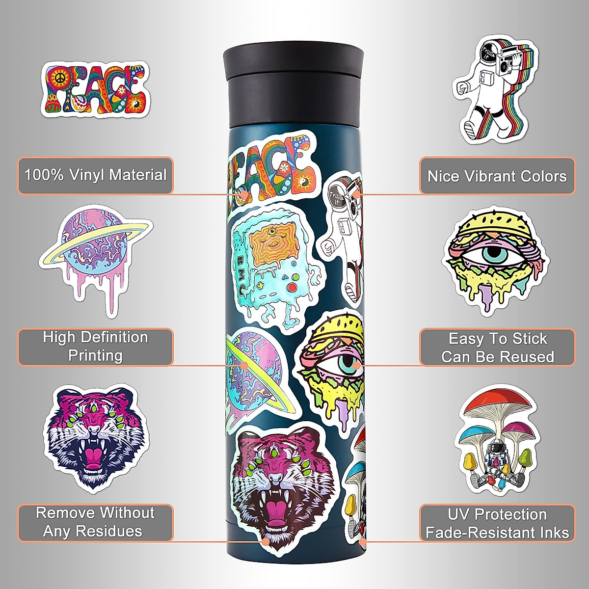 100Pcs Trippy Stickers, Psychedelic Stickers for Adults, Vinyl Waterproof Stickers for Water Bottles, Laptops Computers Skateboards Guitar Luggage Car, Cool Hippie Stickers for Adults and Teens