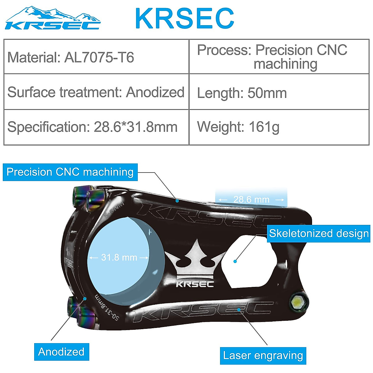 KRSEC 31.8 Bike Stem Mountain Bike Stems Short Handlebar Stem Aluminum Alloy for Bicycle,Road Bike,BMX, Cycling Stem Accessories Black