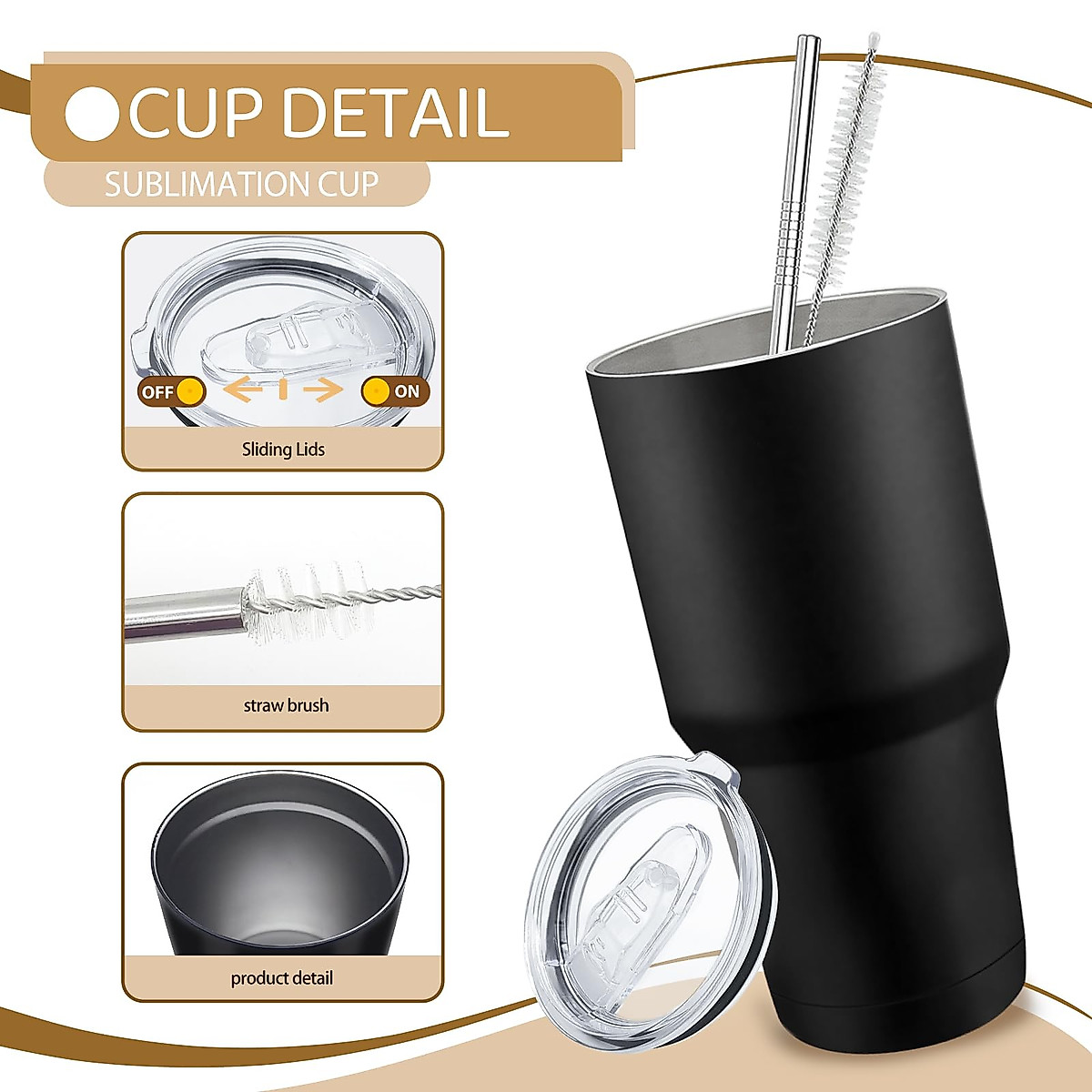 YOUKE OLA 8 Pack Insulated Tumbler with Lids and Straws Bulk Stainless Steel Double Wall Vacuum Insulated Coffee Travel Tumbler for DIY Gift (Black, 30oz)