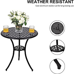 Polar Aurora 3 Piece Patio Bistro Set Cast Aluminum Bistro Table Set Outdoor Round Dining Table with Umbrella Hole for Porch, Lawn, Garden, Backyard, Pool,Black