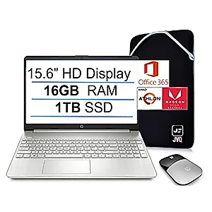2021 Newest HP 15.6" HD Display Laptop, AMD Athlon Silver 3050U(up to 3.2GHz, Beat i3-8130U), 16GB RAM, 1TB SSD, 1-Year Office 365, WiFi, Bluetooth, HDMI, Webcam, Win 10S, Silver, JVQ Mouse+Sleeve