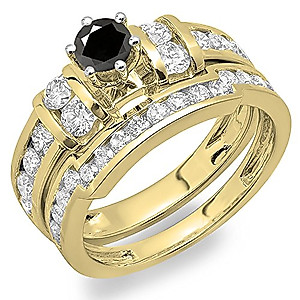 Dazzlingrock Collection 2.00 Carat (ctw) 14K Black & White Diamond Engagement Ring Wedding Band Set 2 CT, Yellow Gold, Size 8
