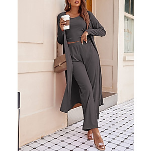 Ekouaer Women's 3 Piece Knit Lounge Set Pajama Long Sleeve Cardigan Sleeveless Top Pants SweatsuitCharcoal GreyLarge