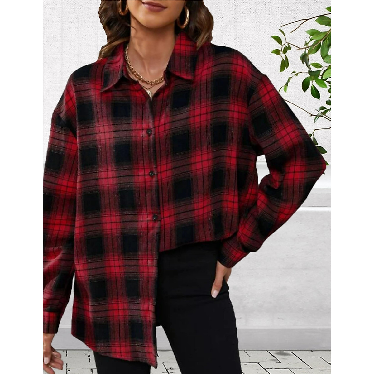 HangNiFang Flannel Red Black Plaid Shirts for Women Oversized Button Down Shirts Blouse(0768-RedBlack-M)