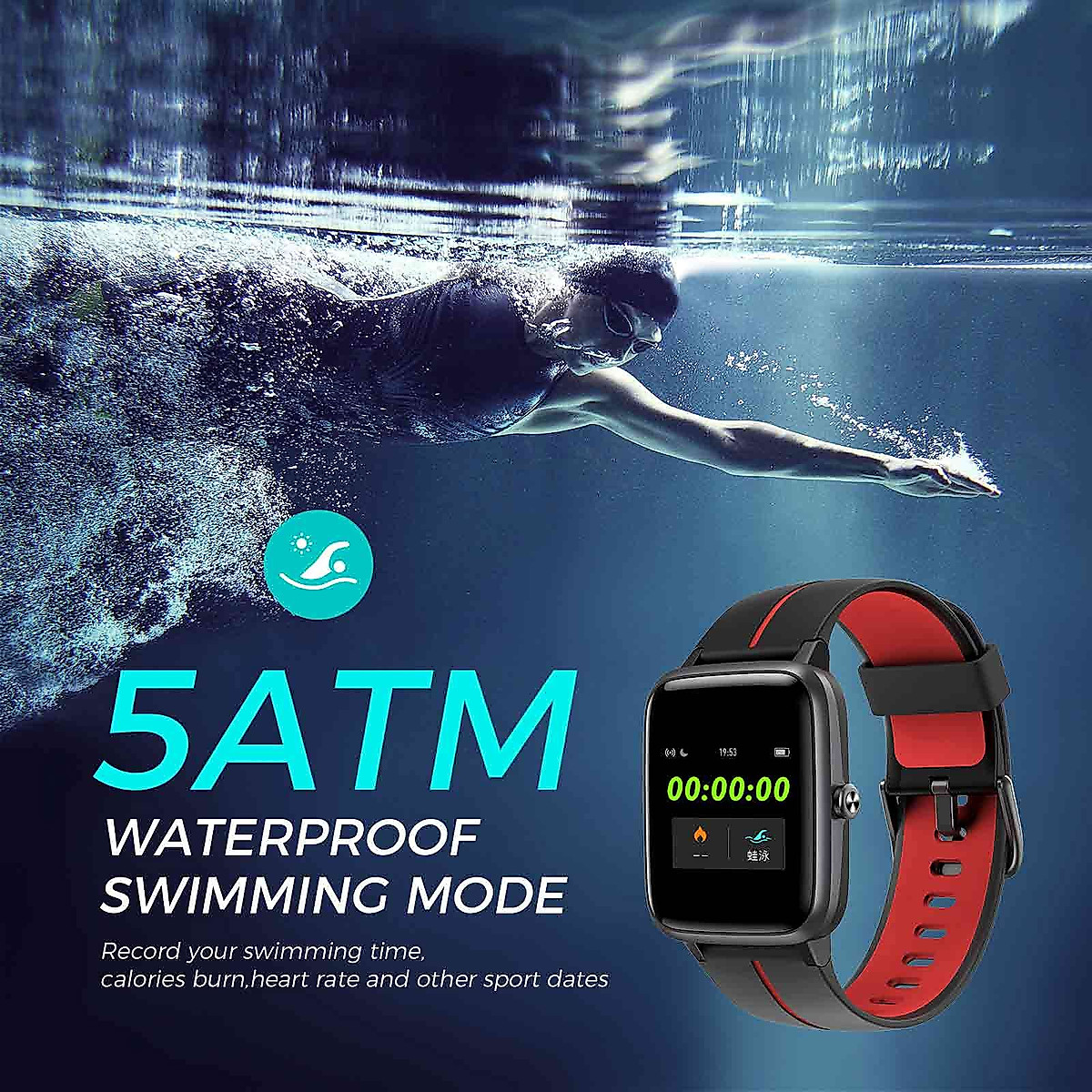 Smart Watch, Built-in GPS Fitness Tracker with All-Day Heart Rate and Activity Tracking* Monitoring, Full Touch Screen Fitness Watch, 14 Sport Modes, 5ATM Waterproof Men and Women (Black + Red)