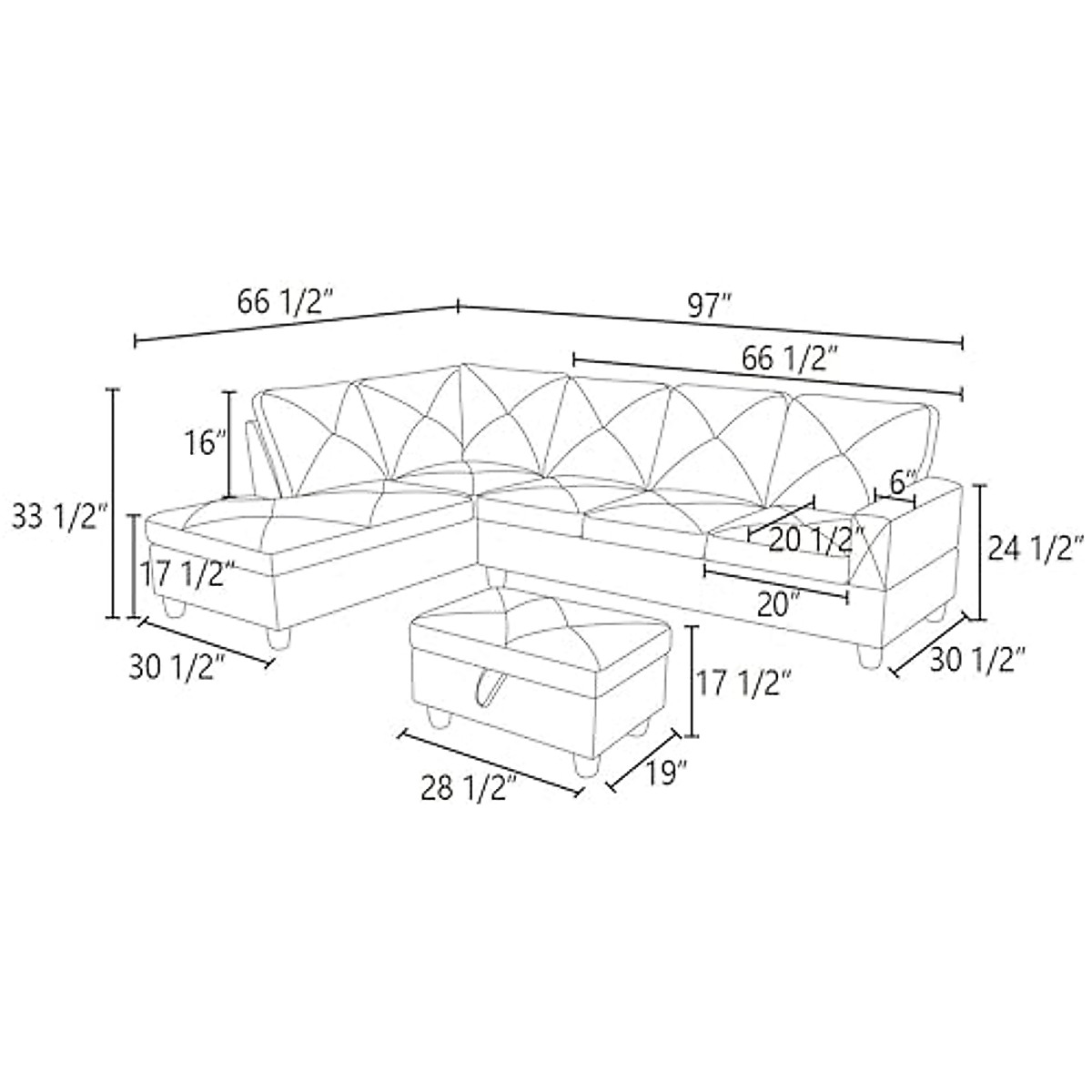 NOTOP 3-Piece Faux Leather Sectional Sofas, Button Tufted Upholstered Couch Set with Left Chaise Longue and Storage Ottoman, for Living Room, Home, Office, Red