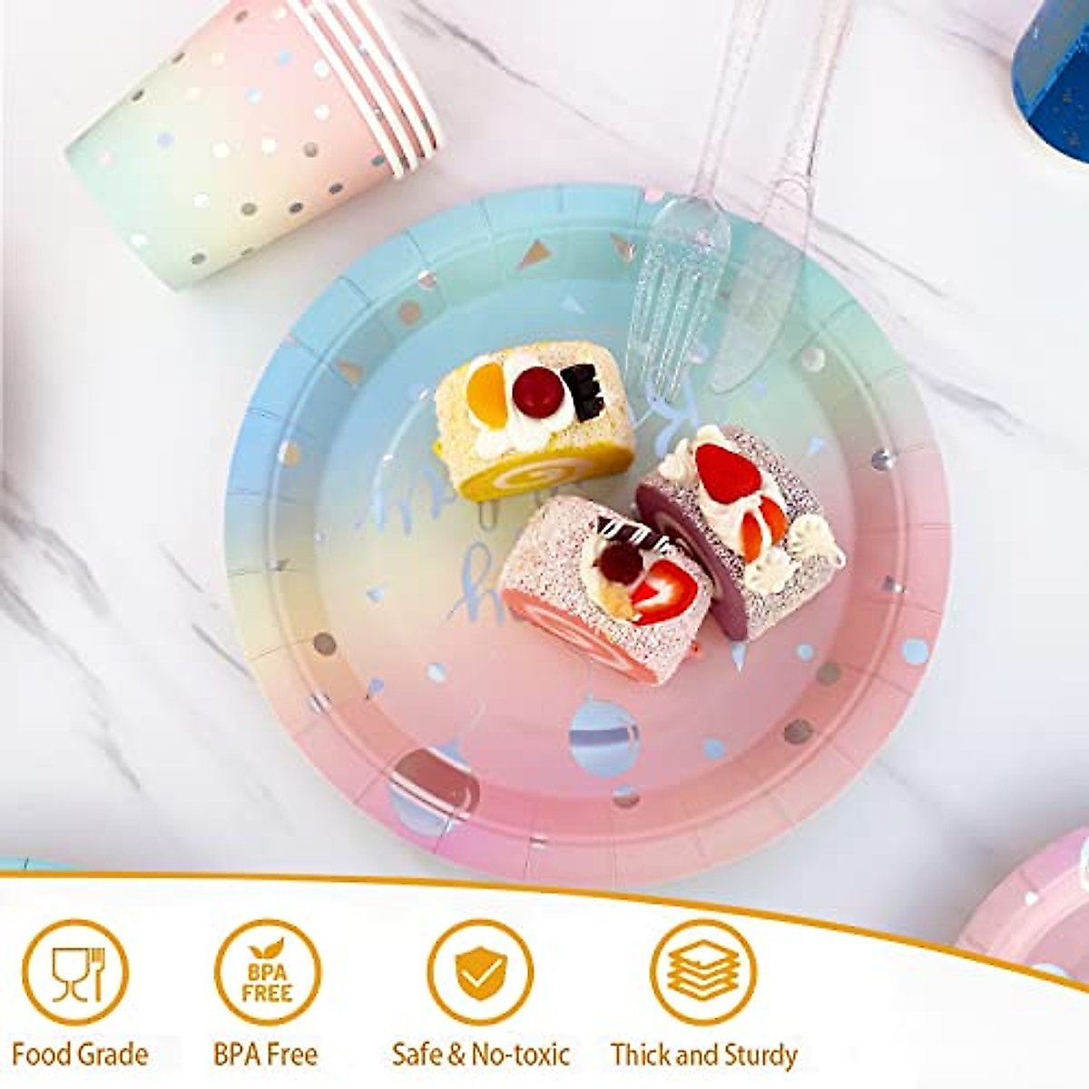 Pastel Party Decorations - Plates, Cups, Napkins & Sturdy Silverware for Rainbow Baby Shower, Birthday or Girl Pajama Party - Serves 16