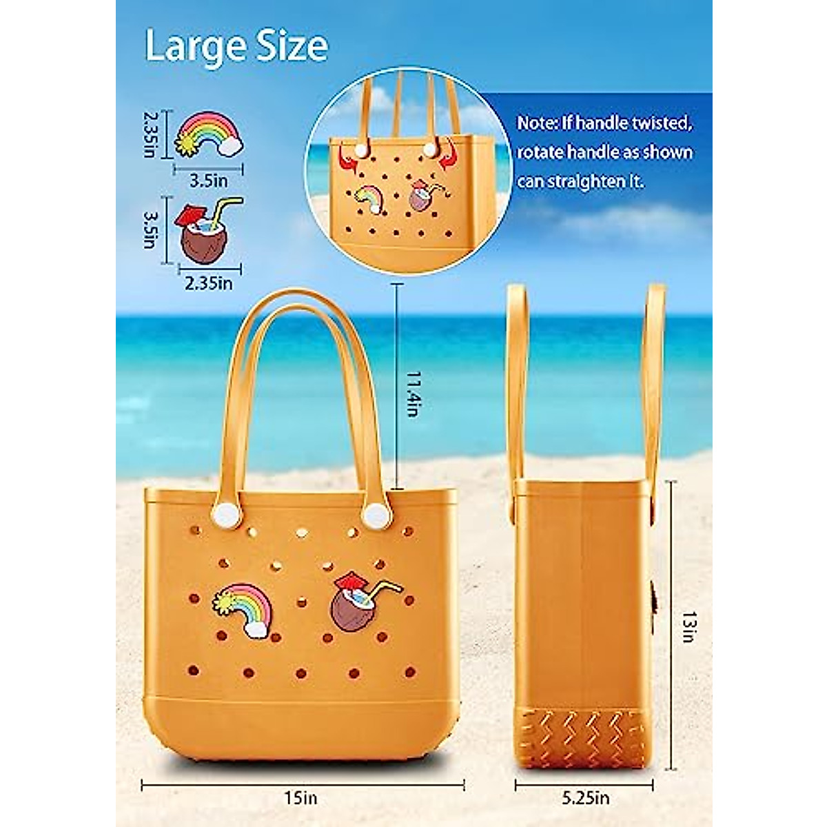 Qkstan Beach Bag Rubber Tote Bag Waterproof Travel Bags for Women Washable Tote Bag Handbag for Sports Beach Market Pool 15×5.25×13In(Yellow, Large)
