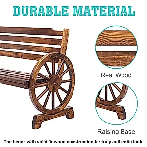 Mavalous Wagon Wheel Bench for Outdoor, 3-Person Seat Wooden Bench with Backrest, Rustic Benches forOutside, Porch, Garden, Brown