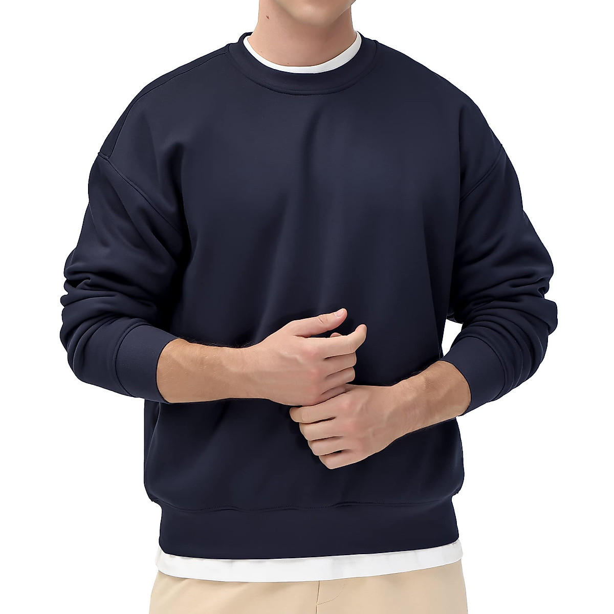 THE GYM PEOPLE Men's Fleece Crewneck Sweatshirt Thick Loose fit Soft Basic Pullover Sweatshirt(Navy Blue, Large)