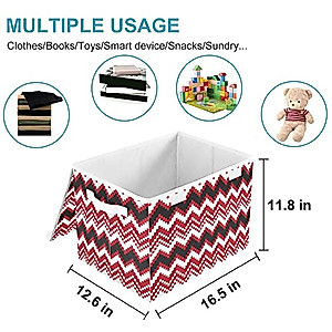 CaTaKu Red Christmas Wave Storage Bins with Lids and Handles, Fabric Large Storage Container Cube Basket with Lid Decorative Storage Boxes for Organizing Clothes