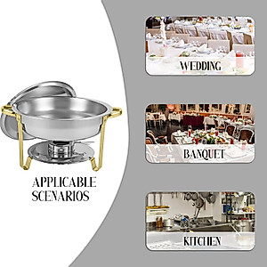 Restlrious Chafing Dish Buffet Set Round Stainless Steel 5QT Chafers and Buffet Warmers Sets for Catering, Complete Chafing Set with Water Pan, Food Pan, Fuel Holder and Lid in Gold Accents, 1 Pack