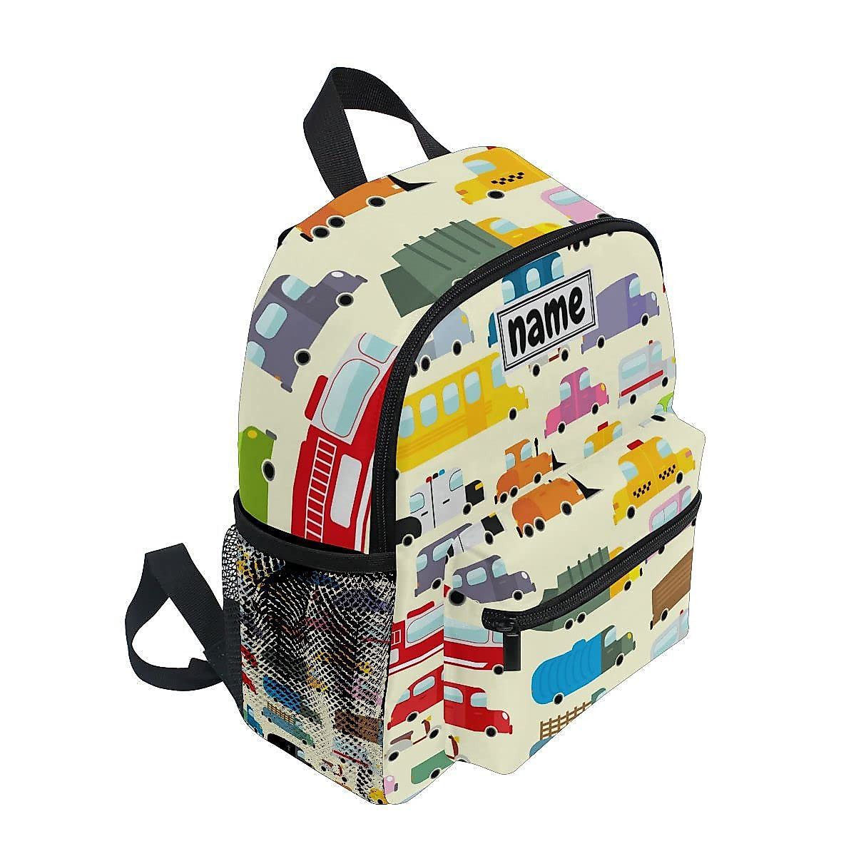 Glaphy Custom Kid's Name Backpack School Bus Trucks and Police Car Cartoon Cute Toddler Backpack for Daycare Travel Personalized Name Preschool Bookbag for Boys Girls