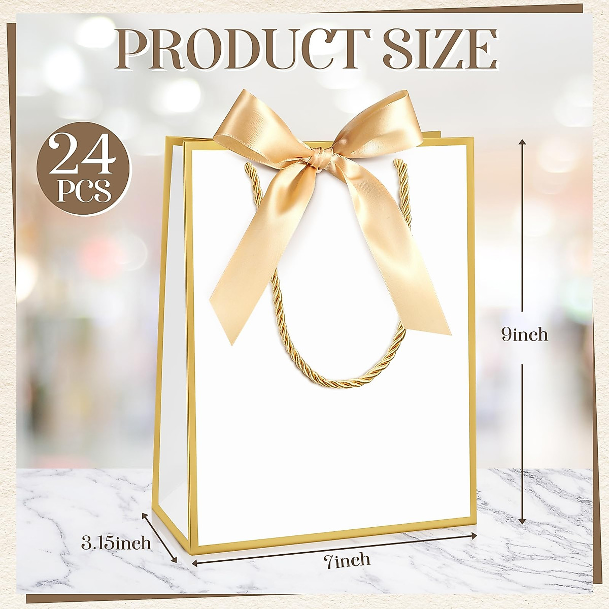 Silkfly 24 Pcs Thank You Gift Bags with Handles Blank Paper Bag Bulk with Bow Ribbon DIY 9 x 7 x 3.15'' Gift Wrapping Bags for Christmas Wedding Baby Shower Birthday Party Gift(White, Gold)